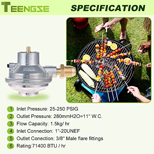 TEENGSE Propane Regulator Valve, Low Pressure Regulator with 3/8inch Male Flare Fitting for 1LB Standard Propane Tank and Extension Hose with 3/8inch Female Flare Fitting