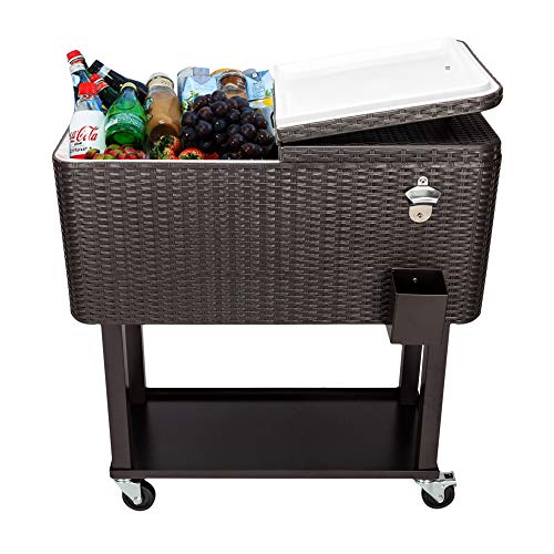 Goujxcy 80 Quart Qt Rolling Cooler Ice Chest Cart for Outdoor Patio Deck Party, Dark Brown Wicker Faux Rattan Tub Trolley, Portable Backyard Party Drink Beverage Bar Cooler,Brown