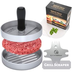 kitchen rmore burger press + pocket grill scraper + 100 patty paper + recipe ebook | non-stick aluminum hamburger press patty maker for perfect meat patties, veggie burgers, salmon patties