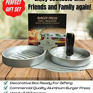 Kitchen RMore Burger Press + Pocket Grill Scraper + 100 Patty Paper + Recipe EBook | Non-Stick Aluminum Hamburger Press Patty Maker for Perfect Meat Patties, Veggie Burgers, Salmon Patties