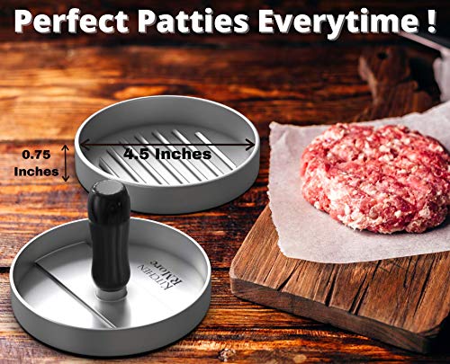 Kitchen RMore Burger Press + Pocket Grill Scraper + 100 Patty Paper + Recipe EBook | Non-Stick Aluminum Hamburger Press Patty Maker for Perfect Meat Patties, Veggie Burgers, Salmon Patties