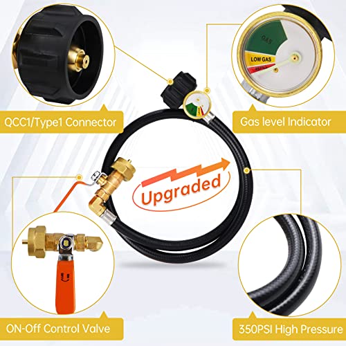 Lapert Upgraded Propane Refill Adapter Hose 36" Propane Extension Refill Hose with Gauge and ON/Off Control Valve for 1LB Propane Gas Tank 350PSI High Pressure Camping (QCC1/Type1 Inlet)