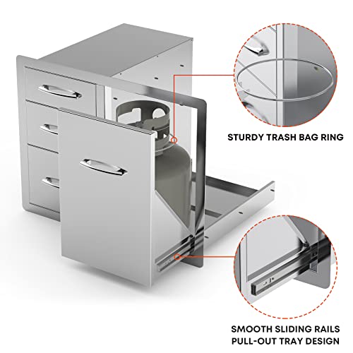 Stanbroil Outdoor Kitchen Stainless Steel Combo Propane Tank Tray with Trash Bag Ring & Triple Drawer, 30-Inch