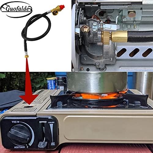 GUOFALDE 27.5 Inch Dual Fuel Camp Stove Replacement Hose, Propane Regulator Hose Convert to 1LB Disposal Bottle for Camping Gas Stove