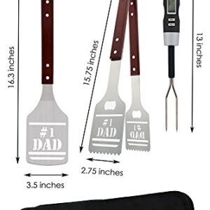 Panoware BBQ Grill Tools Set Gift for Dad, 4 Piece Set, Number 1 Dad Tongs, Spatula, Digital Thermometer and Case