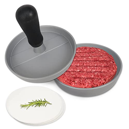 Hamburger Patty Press Non Stick - Surfaces Clean Easily Adjustable Aluminum Mold Flat Round Shaper with 110 Paper Sheets Essential Tool to Make Beef Veggie Burger