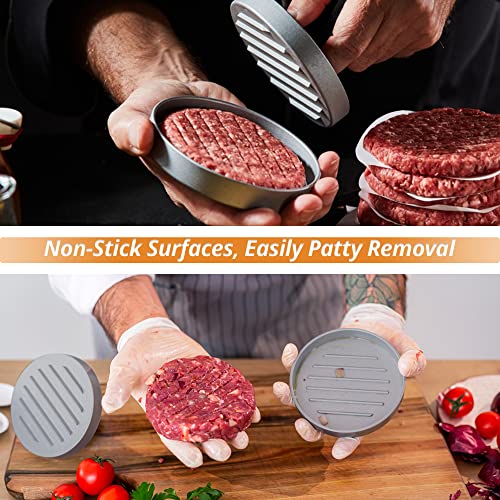 Hamburger Patty Press Non Stick - Surfaces Clean Easily Adjustable Aluminum Mold Flat Round Shaper with 110 Paper Sheets Essential Tool to Make Beef Veggie Burger