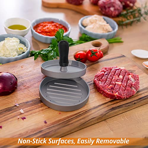 Hamburger Patty Press Non Stick - Surfaces Clean Easily Adjustable Aluminum Mold Flat Round Shaper with 110 Paper Sheets Essential Tool to Make Beef Veggie Burger