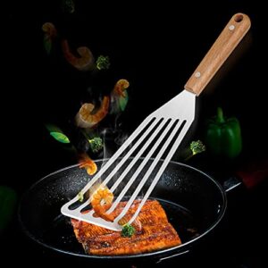 IOCBYHZ Fish Spatula 12.4" Stainless Steel Cooking Utensil, Kitchen Slotted Turner, Fish Turner Spatula, Metal Slotted Spatula with Wood Handle Great for Egg/Meat Turning, Griddles & Grill Accessories