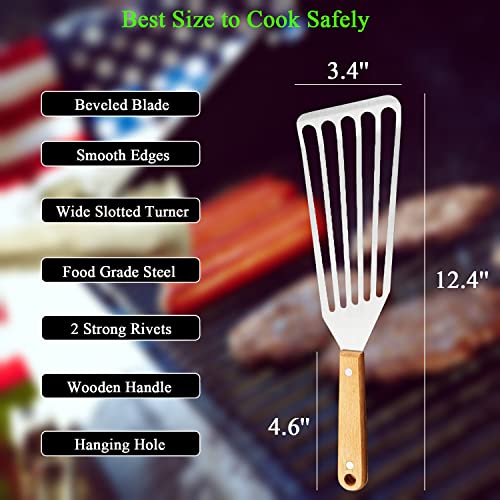 IOCBYHZ Fish Spatula 12.4" Stainless Steel Cooking Utensil, Kitchen Slotted Turner, Fish Turner Spatula, Metal Slotted Spatula with Wood Handle Great for Egg/Meat Turning, Griddles & Grill Accessories