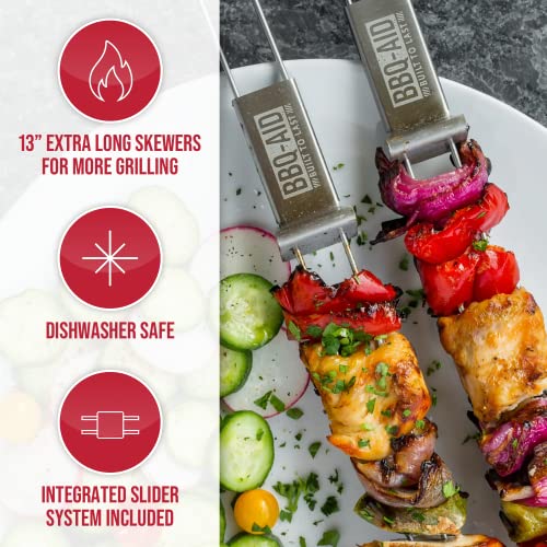 BBQ-AID Premium Barbecue Metal Skewers for Kabobs with Quick Release - Double Pronged, Stainless Steel Metal Skewers for Grilling - Kebab Skewers, Shish Kabob Skewers, Kabob Sticks, Veggies & More