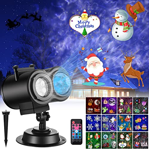 Christmas Projector Lights Outdoor, Holiday Decorations Halloween Led Projector Lights 2-in-1 Moving Patterns and Ocean Wave Ripple Waterproof Snow Light Party Garden