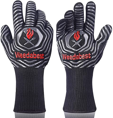 WEEDABEST Hot BBQ Gloves Heat Resistant Kitchen Oven Mitts Professional Long Heat Resistant Cooking Gloves for Grill,Grilling,Smoker,Barbeque,13.5 inch-Gray