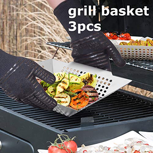 Leonyo 12" & 8" Grill Basket for Vegetables & Meat – 3PCS Heavy Duty Grill Utensils Set, Built to Last Stainless Steel Barbecue Grilling Accessories for All Grills & Smokers & Veggie, Grilling Gift