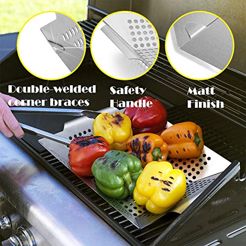 Leonyo 12" & 8" Grill Basket for Vegetables & Meat – 3PCS Heavy Duty Grill Utensils Set, Built to Last Stainless Steel Barbecue Grilling Accessories for All Grills & Smokers & Veggie, Grilling Gift