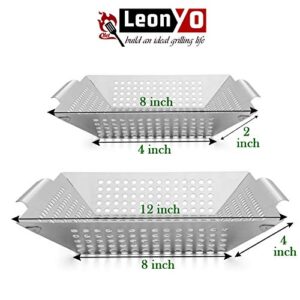 Leonyo 12" & 8" Grill Basket for Vegetables & Meat – 3PCS Heavy Duty Grill Utensils Set, Built to Last Stainless Steel Barbecue Grilling Accessories for All Grills & Smokers & Veggie, Grilling Gift