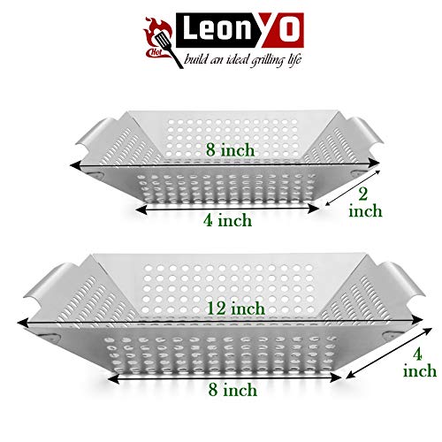 Leonyo 12" & 8" Grill Basket for Vegetables & Meat – 3PCS Heavy Duty Grill Utensils Set, Built to Last Stainless Steel Barbecue Grilling Accessories for All Grills & Smokers & Veggie, Grilling Gift