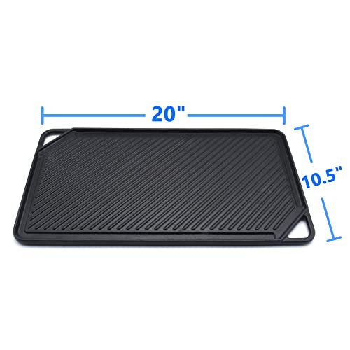 GasSaf Cast Iron Reversible Griddle, 20 Inch x 10.5 Inch Double Sided Grill Pan Perfect for Gas Grills and Stove Top