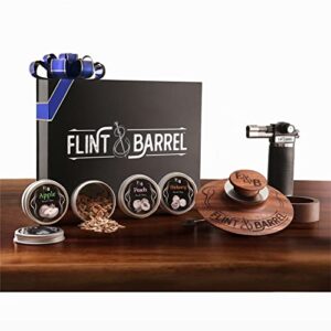 flint & barrel cocktail smoker kit with torch and wood chips, 4 flavors – old fashioned smoker kit, bourbon & whiskey drink smoker infuser kit – whiskey gifts for men, dad, husband (no butane)