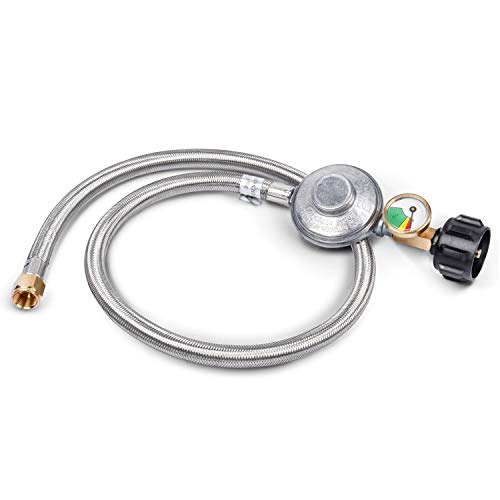 GasSaf 3FT Propane Regulator with Hose,Stainless Steel Braided Propane Gas Regulators and Gauges Suitable for Most LP Gas Grill, Heater and Fire Pit Table