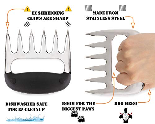 BBQFAM EZ Shredding Claws Stainless Steel Bear Claw Meat Shredders for BBQ. Perfect for shredding Pulled Pork, Poultry or just handling HOT Bulky Foods.