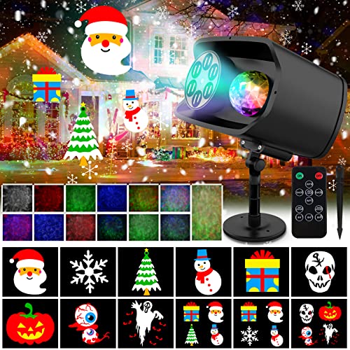 Halloween Christmas Projector Lights, 2 in 1 LED Water Wave Projector Light, Various Patterns Can Be Switched Freely with Remote Control, Used for Halloween Xmas Theme Holiday Party Decorations