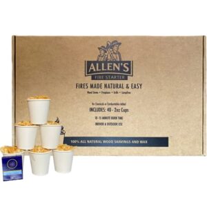 allen’s fire starter cups for wood stoves & campfires – made of natural wood chips & wax – 15 minutes burn time – versatile usage – ideal for hunting & camping trips (40 cups per pack)