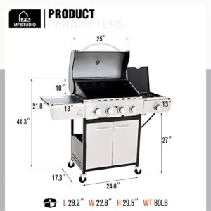 MFSTUDIO 4 Burner Propane Gas BBQ Grill with Side Burner and Porcelain-Enameled Cast Iron Grates, 42,000BTU Outdoor Patio Garden Barbecue Grill, Stainless Steel