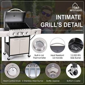 MFSTUDIO 4 Burner Propane Gas BBQ Grill with Side Burner and Porcelain-Enameled Cast Iron Grates, 42,000BTU Outdoor Patio Garden Barbecue Grill, Stainless Steel