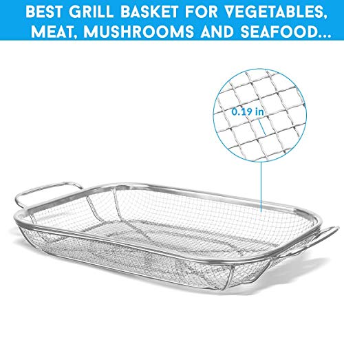 Grill Basket, Stainless Steel Grill Accessories Vegetables Grilling Basket BBQ Basket Barbecue Veggies Charcoal Grilling Topper Cookware for Outdoor Grill