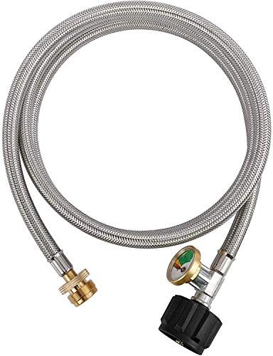 HYDDNice 6FT Propane Hose with Gauge Stainless Steel Braided Propane Hose Converts 1lb Portable Appliances to 5-40lbTank,for Propane Stove, Heater, Tabletop Grill