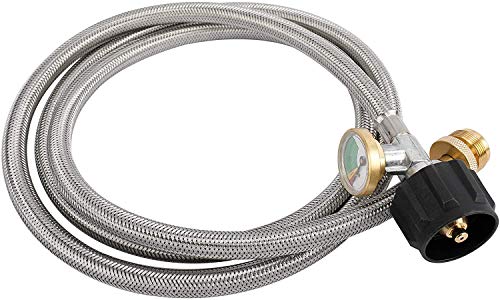 HYDDNice 6FT Propane Hose with Gauge Stainless Steel Braided Propane Hose Converts 1lb Portable Appliances to 5-40lbTank,for Propane Stove, Heater, Tabletop Grill