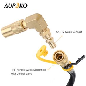 12FT Quick-Connect RV Propane Extension Hose, Low Pressure Quick Disconnect Propane Hose with 1/4" Safety Shutoff Valve and 1/4" Male Full Flow Plug and Elbow Adapter, for Blackstone 17"/22" Griddles