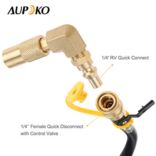 12FT Quick-Connect RV Propane Extension Hose, Low Pressure Quick Disconnect Propane Hose with 1/4" Safety Shutoff Valve and 1/4" Male Full Flow Plug and Elbow Adapter, for Blackstone 17"/22" Griddles