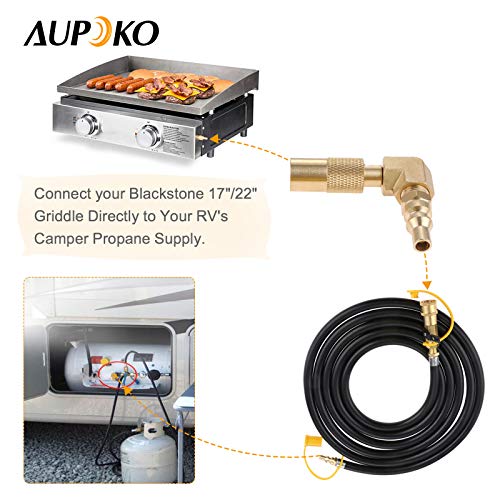 12FT Quick-Connect RV Propane Extension Hose, Low Pressure Quick Disconnect Propane Hose with 1/4" Safety Shutoff Valve and 1/4" Male Full Flow Plug and Elbow Adapter, for Blackstone 17"/22" Griddles