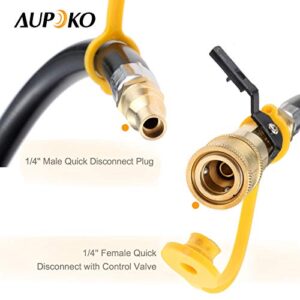 12FT Quick-Connect RV Propane Extension Hose, Low Pressure Quick Disconnect Propane Hose with 1/4" Safety Shutoff Valve and 1/4" Male Full Flow Plug and Elbow Adapter, for Blackstone 17"/22" Griddles