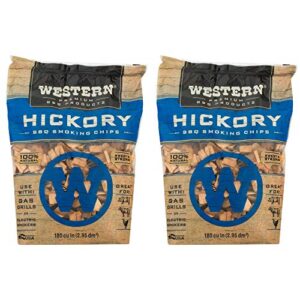 western premium bbq 180 cubic inch hickory barbecue flavorful heat treated grilling smoking wood chips for charcoal gas and electric grills (2 pack)