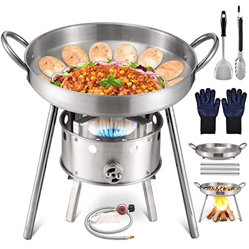 AOSION-Heavy Duty 21" Stainless Steel Comal Set with Propane Burner Stove,Discada Disc Cooker,Large Mexican Style Comal Grill Outdoor Frying pan Great for Backyard and Outdoor Cooking.