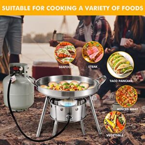 AOSION-Heavy Duty 21" Stainless Steel Comal Set with Propane Burner Stove,Discada Disc Cooker,Large Mexican Style Comal Grill Outdoor Frying pan Great for Backyard and Outdoor Cooking.