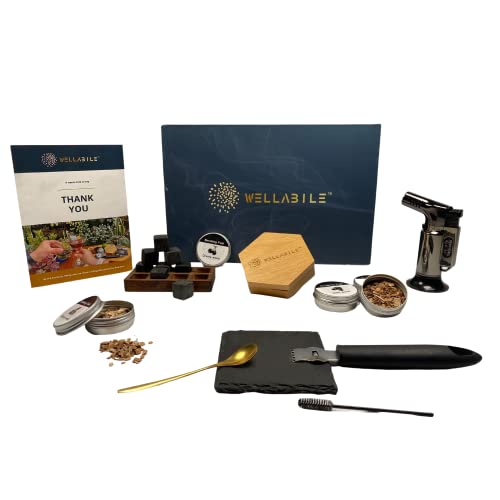 WELLABILE Cocktail Smoker Kit with Torch, Four Kinds of Wood Chips for Bourbon, Whiskey, Drink. Valentines or Birthday Gift Set for Your Friends, Husband, Dad. Old Fashioned Smoker Kit. (No Butane)