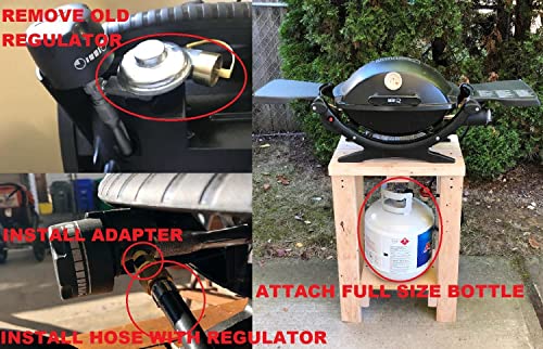 Muzzys Regulator Adapter Bypass Hack Conversion Fitting, for Weber Q Q100 Baby Q1000 1200 Q200 Q2000 Q2200 Grill BBQ Grille - Allows use of Any Standard Full Size Propane Bottle Side Regulator & Hose