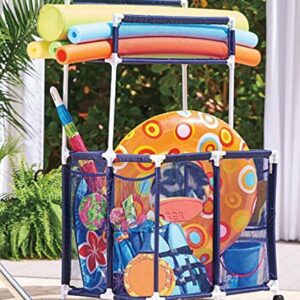 Pool Toy Storage Bin with Noodle Holder for Rafts Vests Balls Floaties Towels