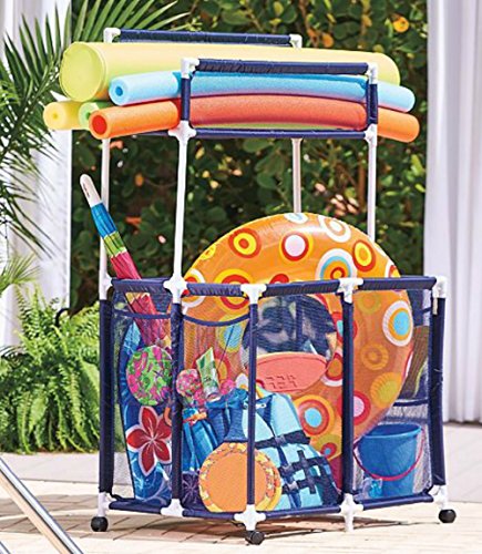 Pool Toy Storage Bin with Noodle Holder for Rafts Vests Balls Floaties Towels