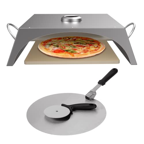 Outdoor Stainless Steel Grill Top Pizza Oven Kit with 12" Cordierite Pizza Baking Stone, Pizza Peel, Pizza Roller Cutter, Built-in Thermometer