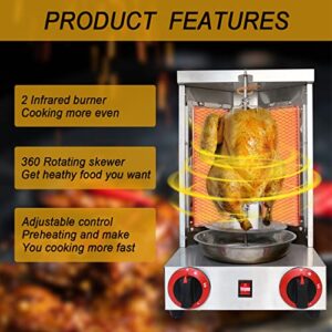 Li Bai Shawarma Machine Doner Kebab Grill 110v Gyro Rotisserie Propane Gas Vertical Broiler with 2 Burners Stainless Steel Body for Restaurant Dinner Home Kitchen