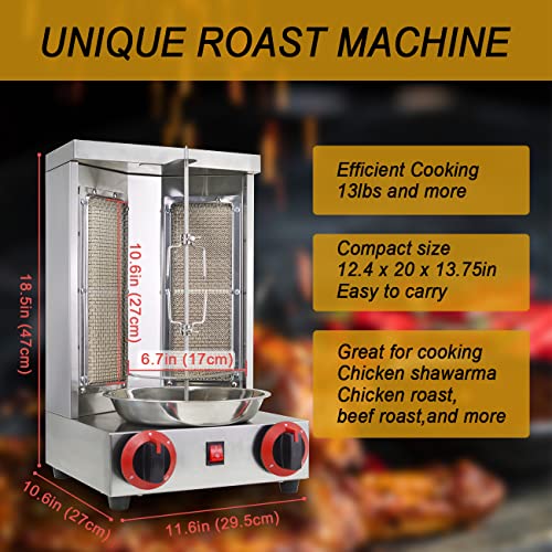 Li Bai Shawarma Machine Doner Kebab Grill 110v Gyro Rotisserie Propane Gas Vertical Broiler with 2 Burners Stainless Steel Body for Restaurant Dinner Home Kitchen