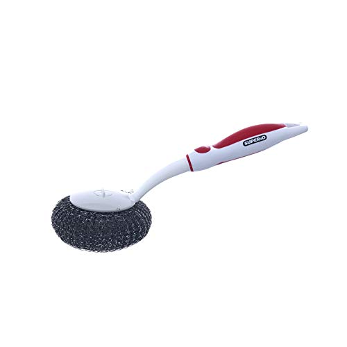 Superio Grill Brush with Long Handle, Red- Stainless Steel Scourer Sponge- Steel Wool Scrubber for Barbecue, Frying Pan, Pot