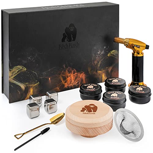 BishBash Cocktail Smoker Kit with Torch - Bourbon Smoker Kit with 4 Flavored Cocktail Smoker Wood Chips - Birthday Gift Old Fashioned Cocktail Kit, Cocktail Smokers Drink Kit for Men, Dad. No Butane.