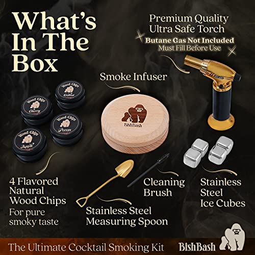 BishBash Cocktail Smoker Kit with Torch - Bourbon Smoker Kit with 4 Flavored Cocktail Smoker Wood Chips - Birthday Gift Old Fashioned Cocktail Kit, Cocktail Smokers Drink Kit for Men, Dad. No Butane.