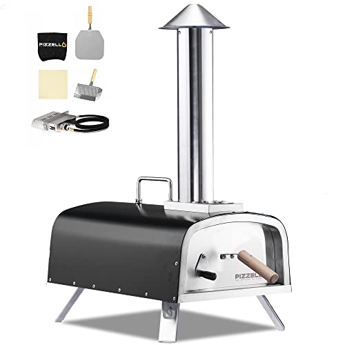 PIZZELLO Outdoor Pizza Oven Propane & Wood Fired Stainless Steel Pizza Grill with Gas Burner, Wood Tray Pizza Stone, Pizza Peel, Carry Bag, Pizzello Forte Gas (Black)